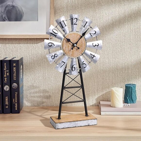 Wall Decor | New Farmhouse Table Clock On Stand Galvanized Windmill ...
